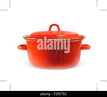 Red pan, saucepan, pot, casserole, cooker, stewpan with boiling water ...