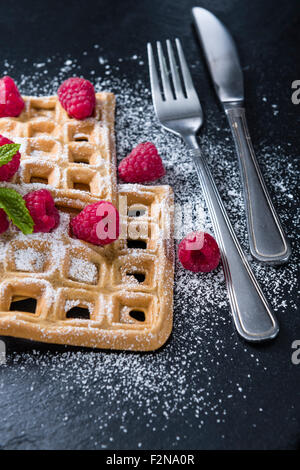 Close-up, Belgian waffles with fruits, covered with chocolate Stock ...