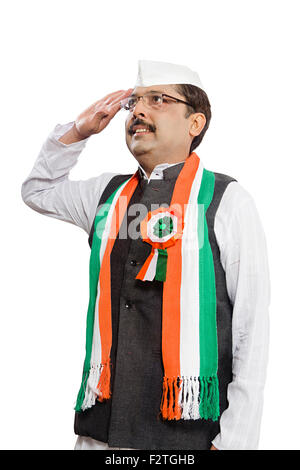 Politician saluting with Indian Flag Stock Photo - Alamy