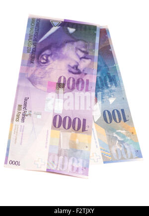 1000 Swiss francs banknote on white background. The purple note ...