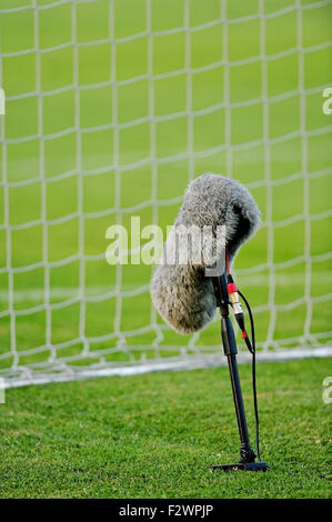 Professional sport microphone on a soccer field behind the net Stock ...
