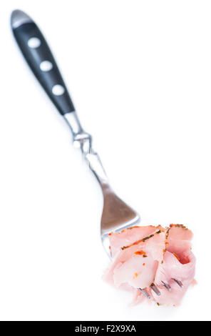 Ham on a fork isolated on pure white background Stock Photo - Alamy