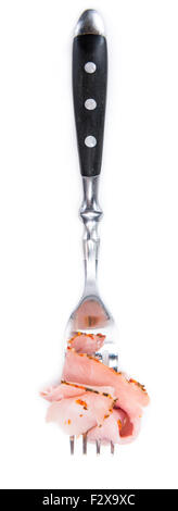 Ham on a fork isolated on pure white background Stock Photo - Alamy