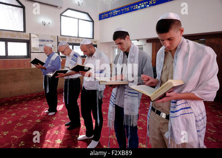 Karaite Jews bowing on the knees and prostrate during prayer in a ...