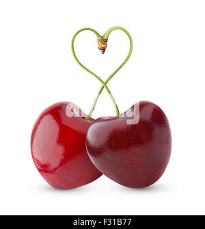 Pair of sweet cherry fruits with heart shaped stem isolated on white ...