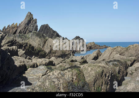 Rocky beach with bedrock of gritstone, shale and limestone, Ladies ...