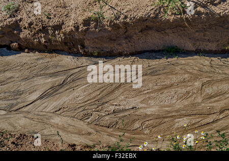 Dry land with drawing after flood rain in the field, Plana mountain ...