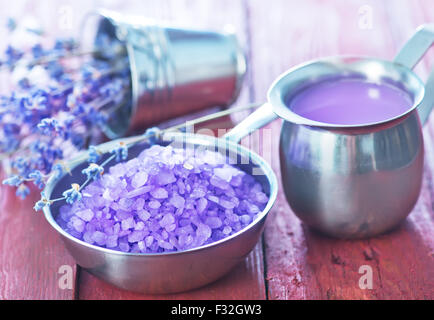 violet sea salt in metal bowl and on a table Stock Photo - Alamy