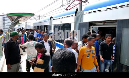ETHIOPIA , Addis Ababa, LRT Light rail transport and office tower of ...