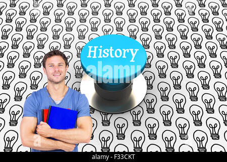 History against blue push button Stock Photo - Alamy