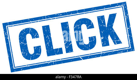 click here blue square grunge stamp on white Stock Photo - Alamy