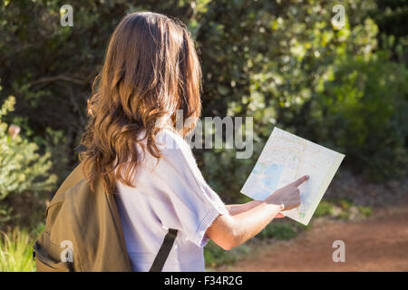 Brunette hiker reading map Stock Photo - Alamy
