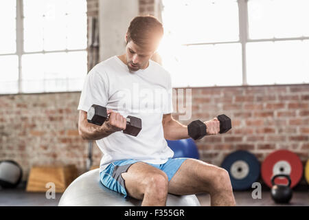 Man sitting on a bossu lifting dumbbells Stock Photo - Alamy