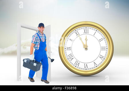 Happy plumber with plunger and toolbox walking on white background ...