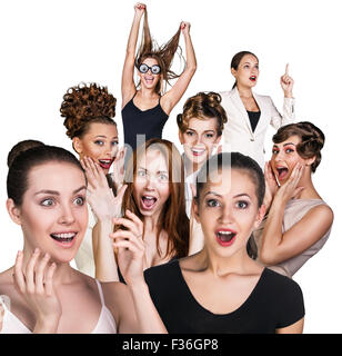 Group of excited emotional young people, office employees pushing ...