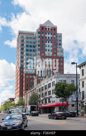 Manchester, New Hampshire, USA - Street view at dusk with street lights ...