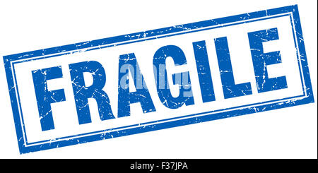 fragile blue square grunge stamp on white Stock Photo - Alamy