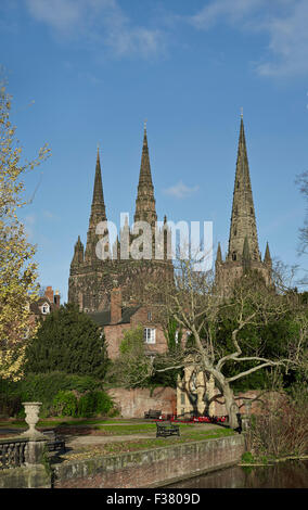 Three spires of 13th century Cathedral of St Mary and St Chad across ...