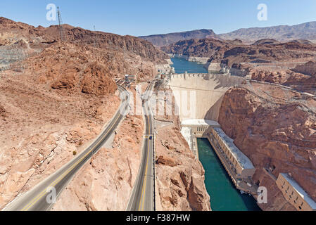The Hoover Dam, a concrete arch-gravity dam in the Black Canyon of the Colorado River, on the ...
