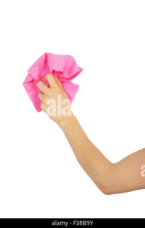hand with pink dusting rag isolated on white background Stock Photo - Alamy