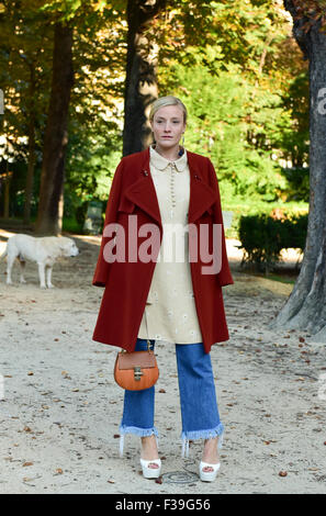 Stylist Kate Foley posing outside of the Chloe runway show during Paris ...