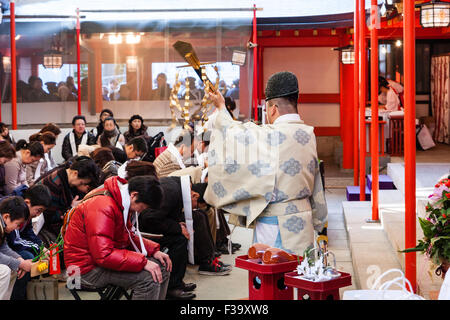 Japanese Shinto priest, kannushi, wearing eboshi hat and kariginu ...