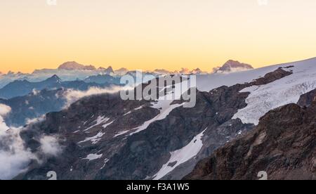 Alpine panorama, aerial view at sunset, Zugspitze with Zugspizubahn and ...