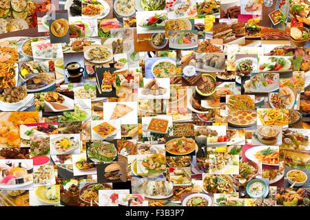 Collage of lots of popular worldwide dinner foods and appetizers Stock ...