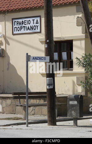 Sign, marking the begining of Anzac street (2013), opposite 2 memorials ...