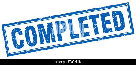 completed blue square grunge stamp on white Stock Photo - Alamy
