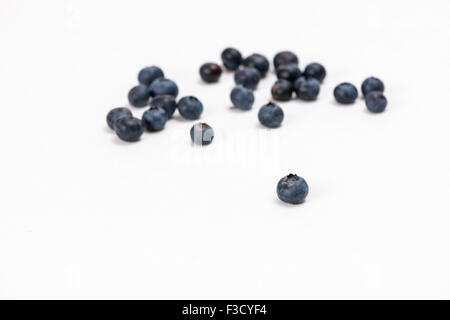 Some blue huckleberries (Vaccinium myrtillus), displayed on a white ...