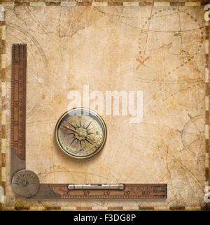 Old map background with compass and ruler. Adventure and travel concept ...