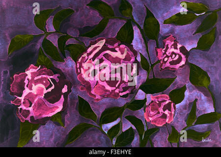 Rose fantasy flowers on a lilac background. The dabbing technique gives ...