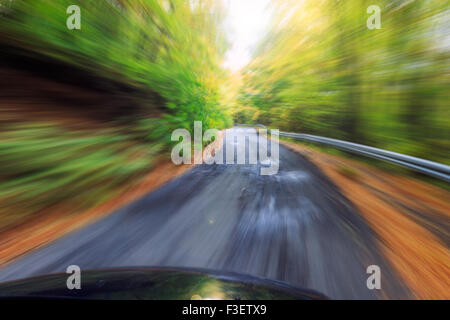 Car driving fast into autumn forest Stock Photo - Alamy
