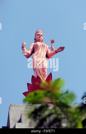 Hindu goddess Lakshmi standing in a pink lotus with swan and elephant ...