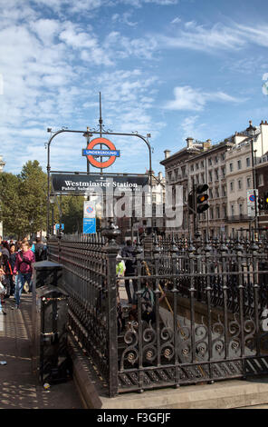 Sign of Westminster Underground Station in front of Elizabeth Tower or ...