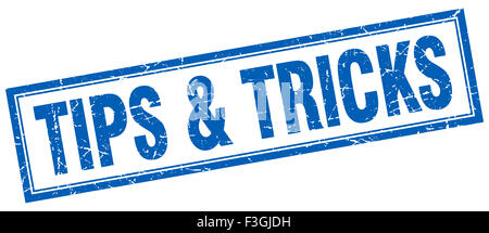 Tips & tricks blue square grungy stamp isolated on white background ...