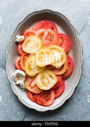 An overhead shot a single yellow-red tulip blossom with dark blurred ...