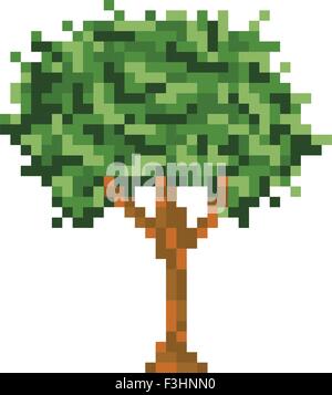 Pixel forest set. Retro 8 bit video game UI elements, trees bushes and grass sprite asset ...
