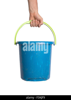 Human hand holding empty plastic pail, isolated on white Stock Photo ...