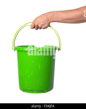 Human hand holding empty plastic pail, isolated on white Stock Photo ...