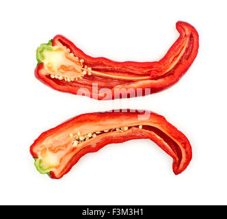 Red chilli pepper cut in two showing the internal membrane and seeds ...
