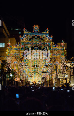 Kobe Luminarie, winter festival of light. Overhead lighting display ...
