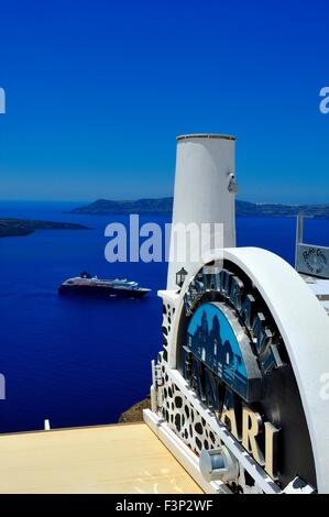Restaurant overlooking the caldera, Fira, Santorini, Cyclades, Greece ...