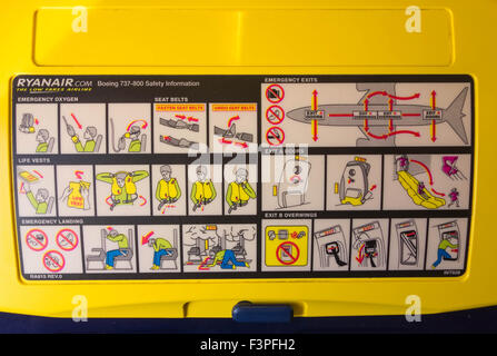 Ryanair airline safety instructions on a Boeing 737-800 aircraft Stock ...