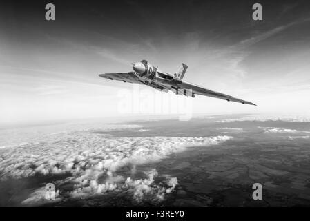 A depiction of an Avro Vulcan delta wing strategic bomber in the skies ...