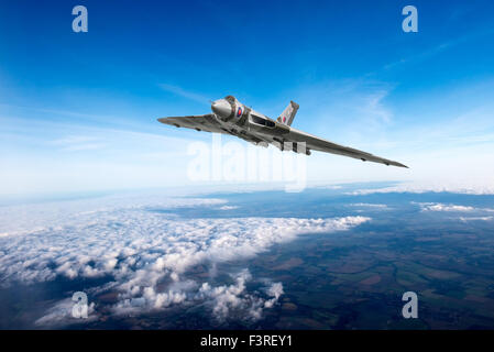 A depiction of an Avro Vulcan delta wing strategic bomber in the skies ...