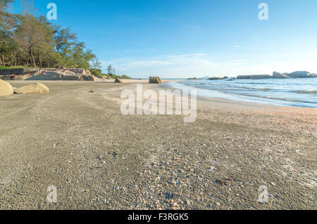 Yellow sand at sea shore withrock and blue skies background Stock Photo ...