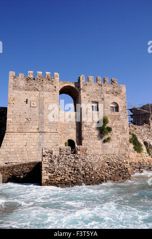 Causeway to the sea tower at Methoni castle in the Greek Peloponnese ...