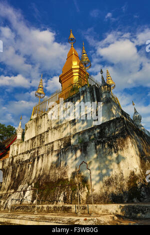 Golden Wat That Chomsi temple Stupa on Mount Phousi in Luang Prabang ...